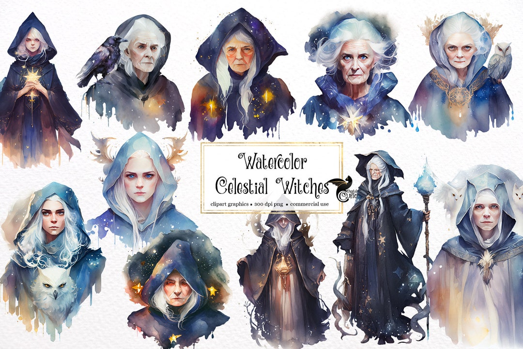 Watercolor Celestial Witches Clipart - Magic Fantasy Watercolor PNG ...