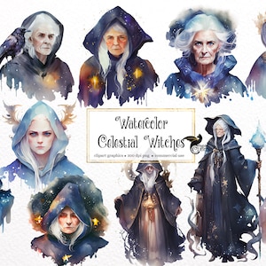 Watercolor Celestial Witches Clipart - Magic Fantasy Watercolor PNG ...