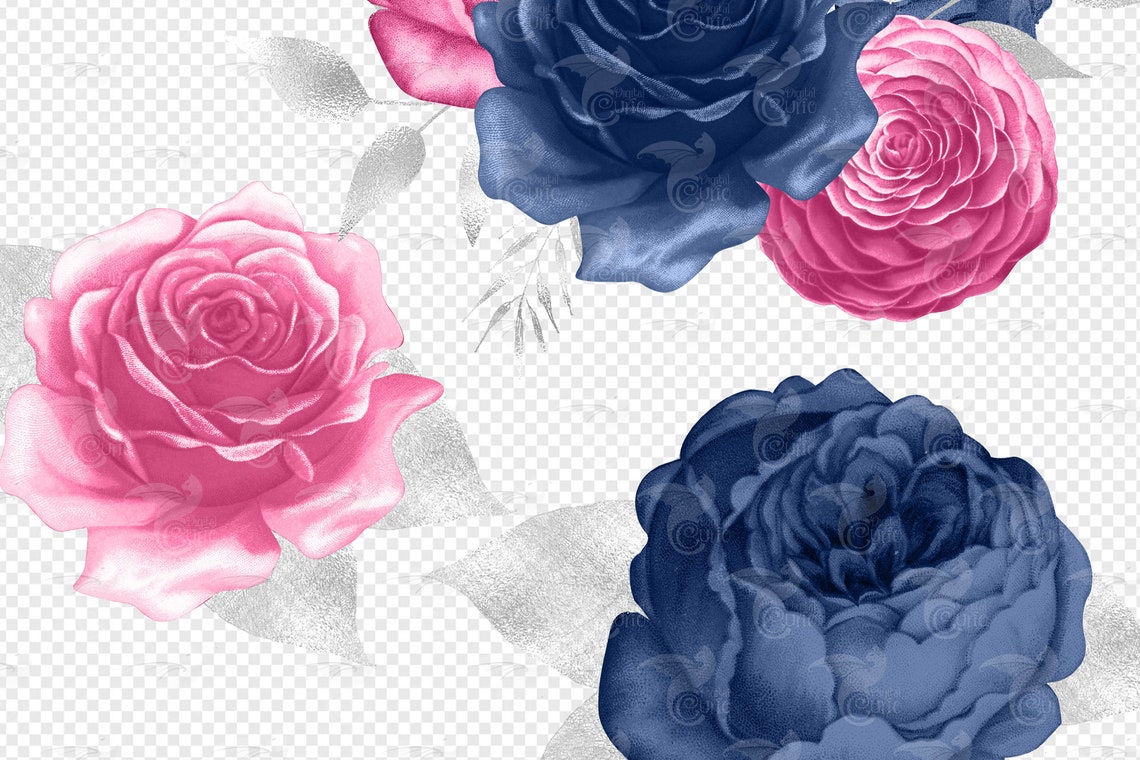 Hot Pink and Navy Floral Bouquets Clipart Digital Instant - Etsy