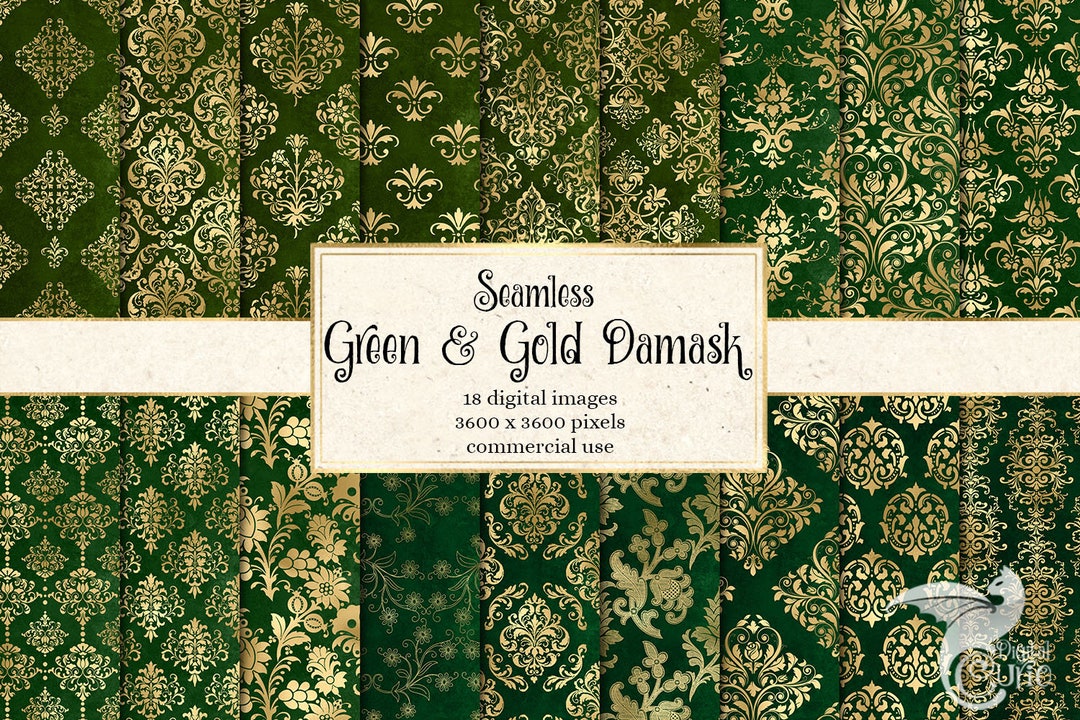 Green and Gold Damask Digital Paper, Seamless Damask Patterns Printable ...