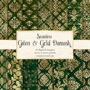 Green and Gold Damask Digital Paper, Seamless Damask Patterns Printable ...