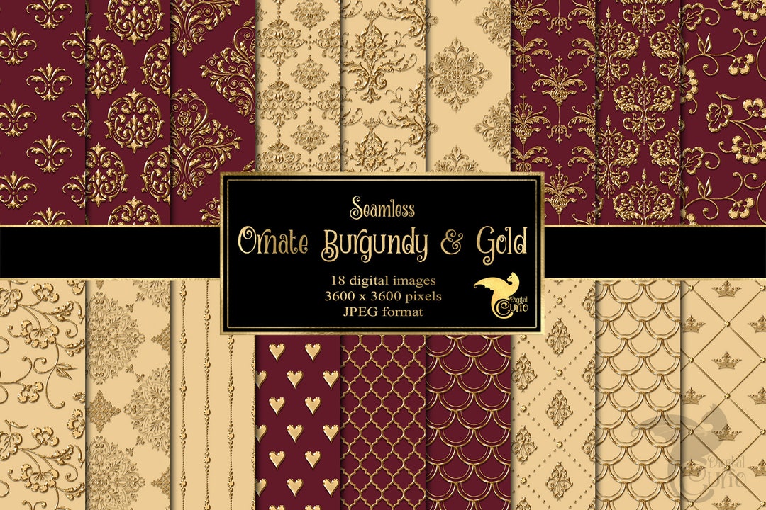 Ornate Burgundy and Gold Digital Paper, Seamless Damask Patterns ...