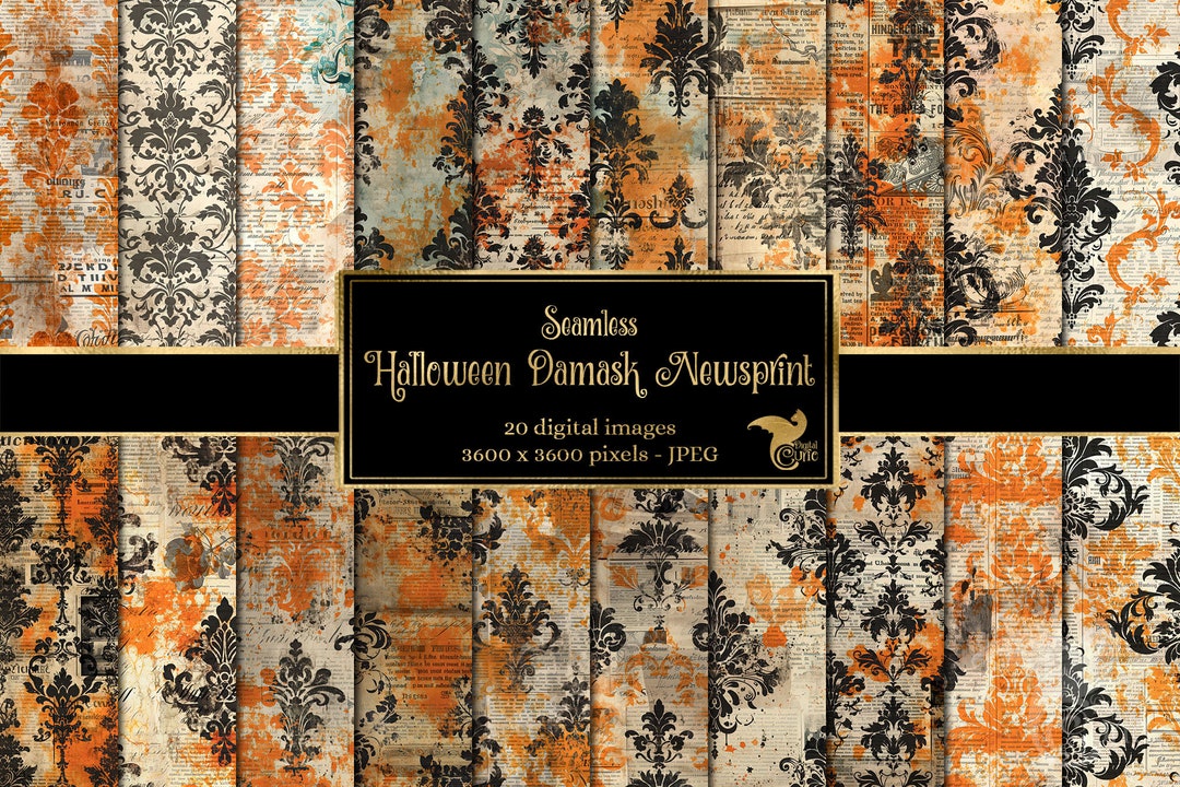 Halloween Damask Newsprint Digital Paper, Vintage Texture Backgrounds ...