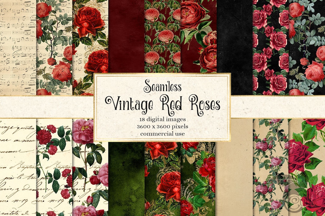 Vintage Red Roses Digital Paper, Seamless Scrapbook Patterns (digital ...