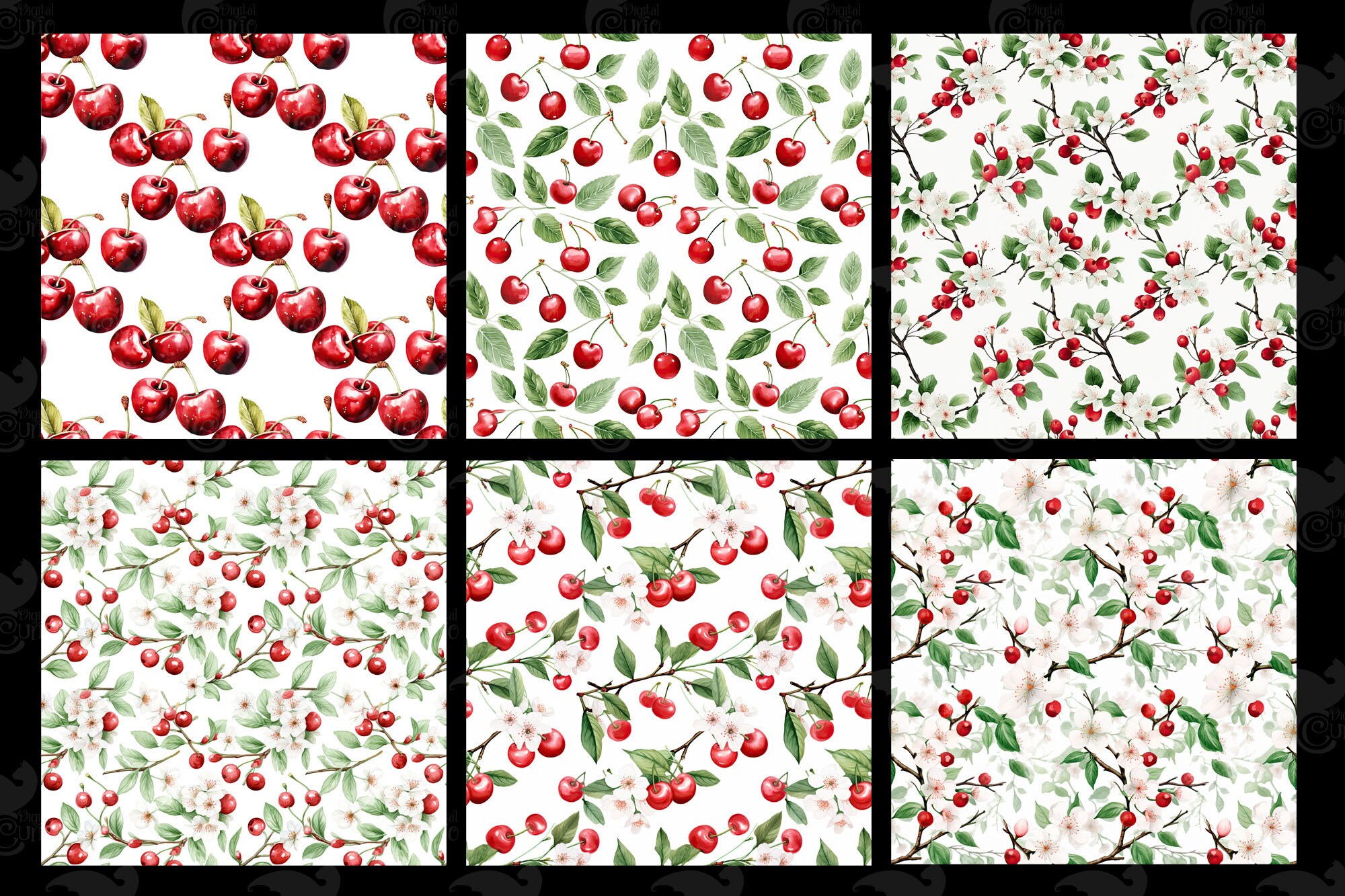 Watercolor Cherry Digital Paper, Seamless Fruit Textures (digital ...