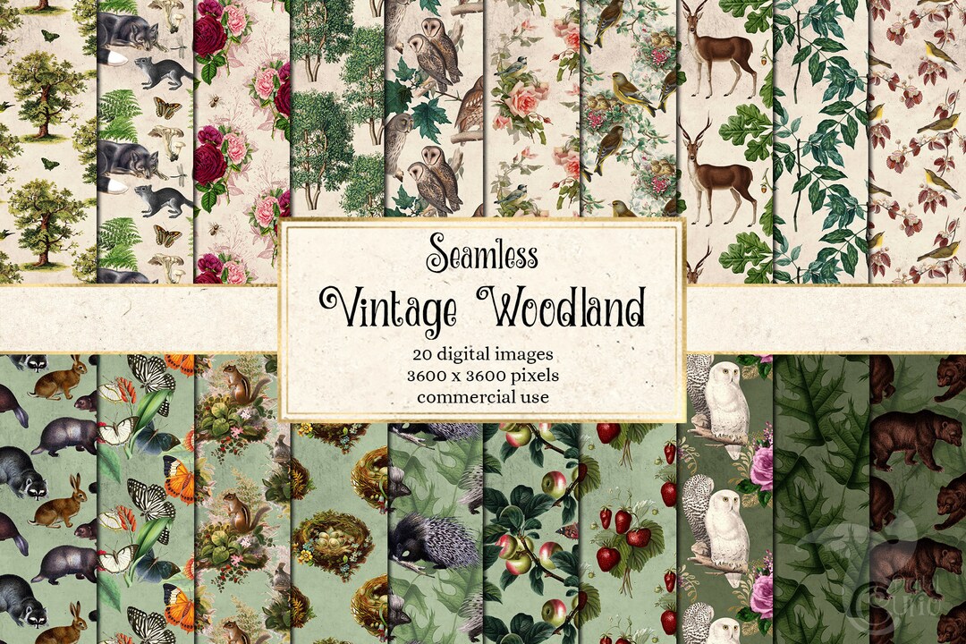 Vintage Woodland Digital Paper, Seamless Forest Animal Patterns and ...