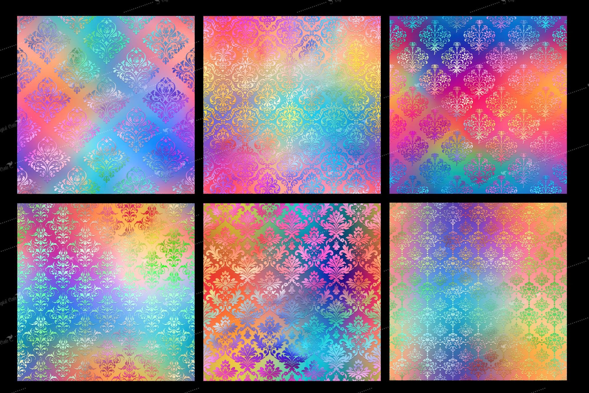 Rainbow Damask Digital Paper, Seamless Metallic Patterns (digital ...