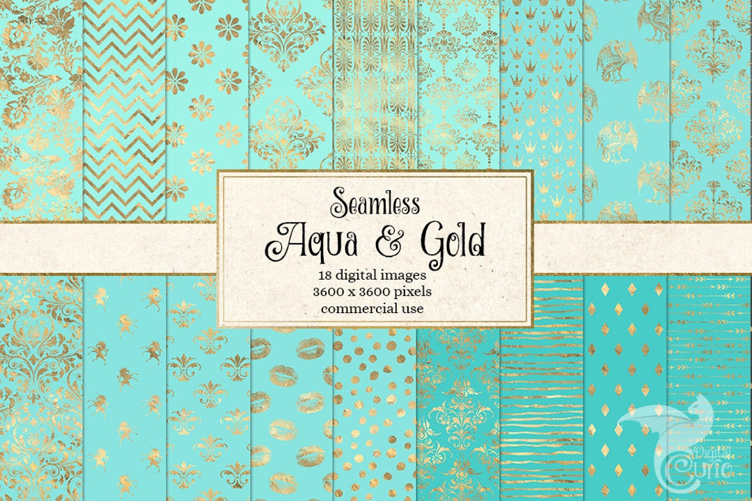 Aqua and Gold Digital Paper, Turquoise Seamless Gold Foil Patterns ...