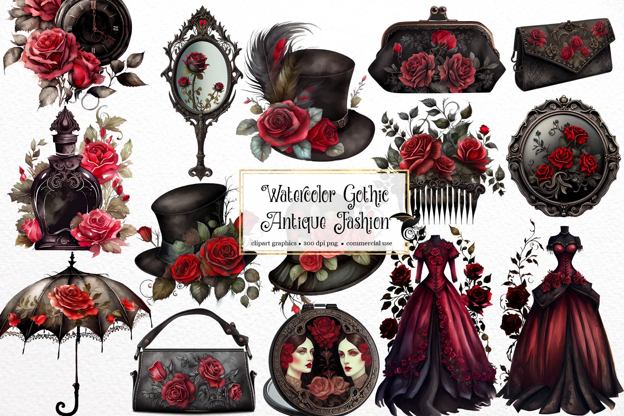 Watercolor Gothic Antique Fashion Clipart - Vintage Victorian PNG ...
