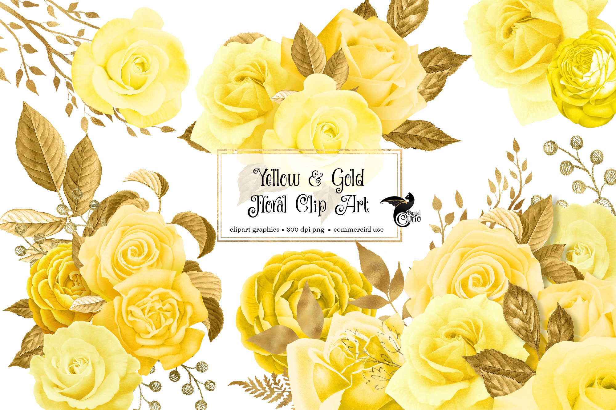 Yellow and Gold Floral Clip Art Digital Clipart Graphics of - Etsy