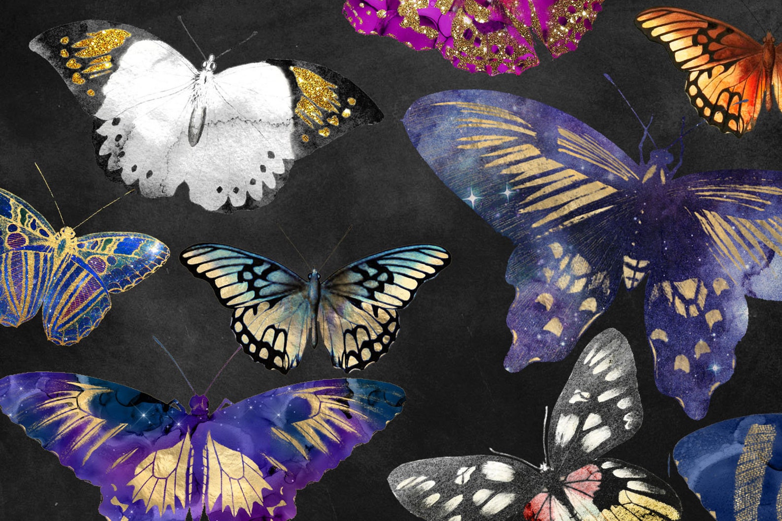 Painted Butterflies Clipart Gold Foil Butterfly Clipart | Etsy