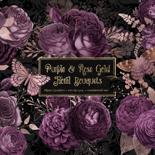 Black Peach and Silver Floral Clipart Vintage Flower Clip Art | Etsy