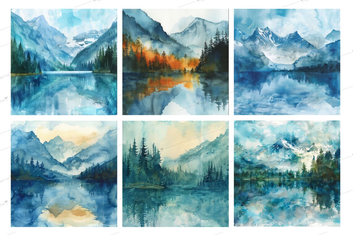 Watercolor Alpine Lakes Backgrounds, Watercolour Wash Digital Paper ...