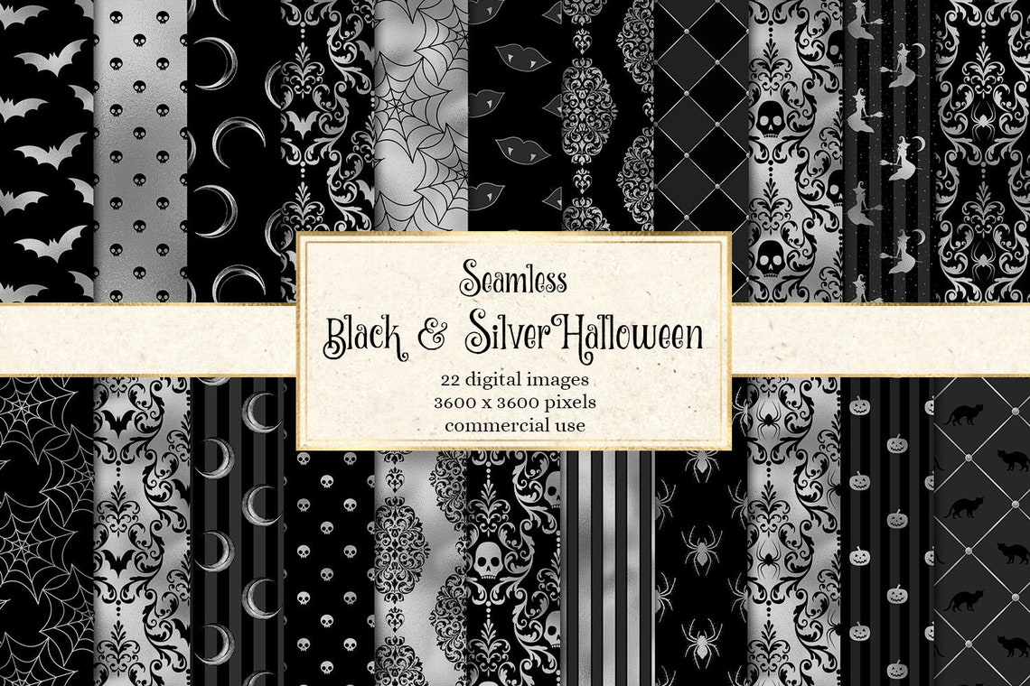 Black and Silver Halloween Digital Paper, Gothic Witch, Skull Patterns ...