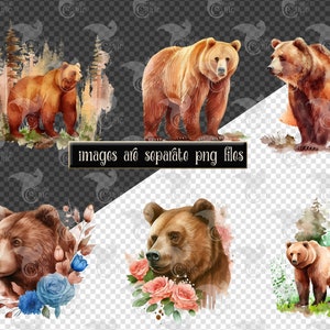 Watercolor Brown Bears Clipart - Cute Floral Grizzly Bears, Forest ...