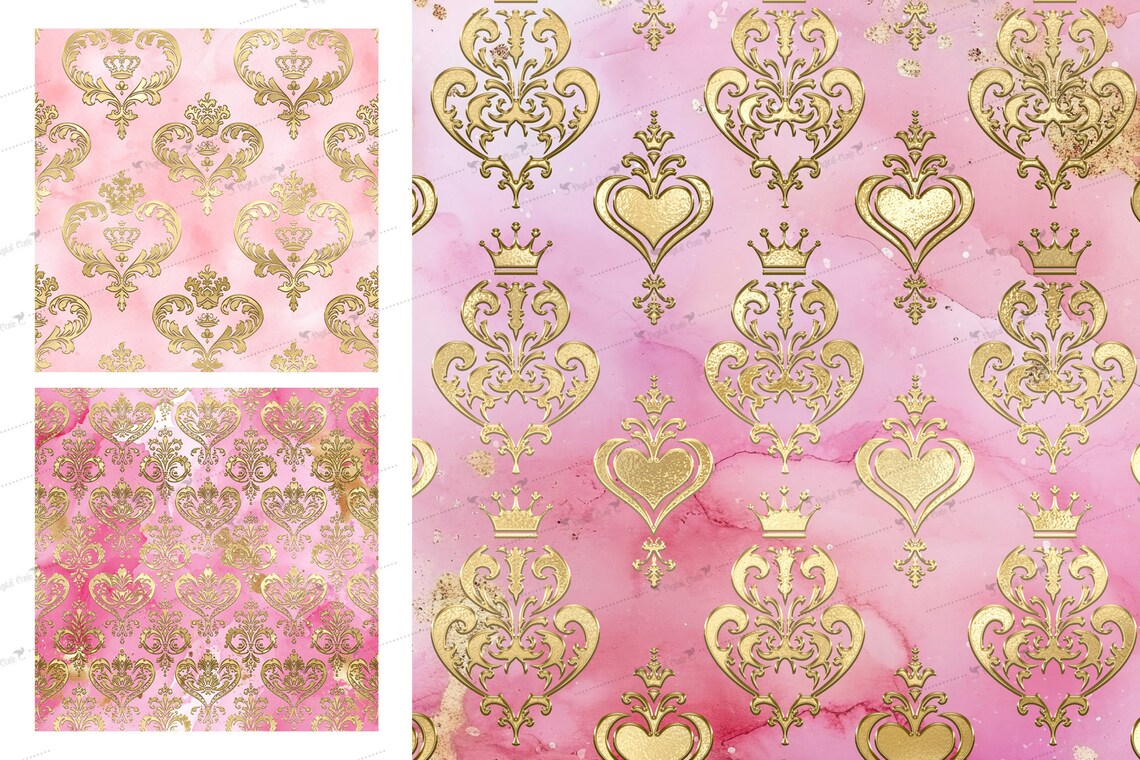 Pink and Gold Heart Damask Digital Paper - Seamless Printable Digital ...