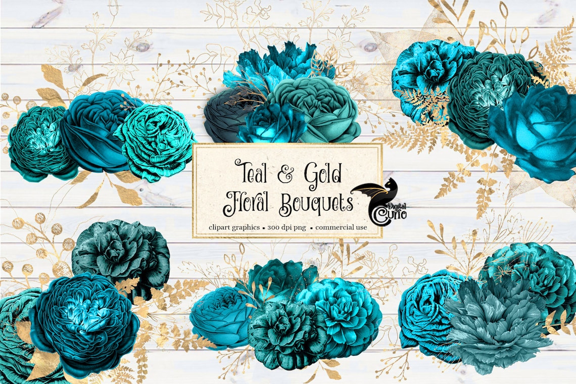 Teal and Gold Floral Bouquets Clipart Digital Instant - Etsy