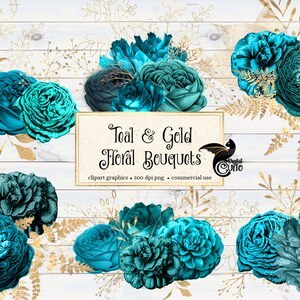 Teal and Gold Floral Bouquets Clipart, Digital Instant Download ...