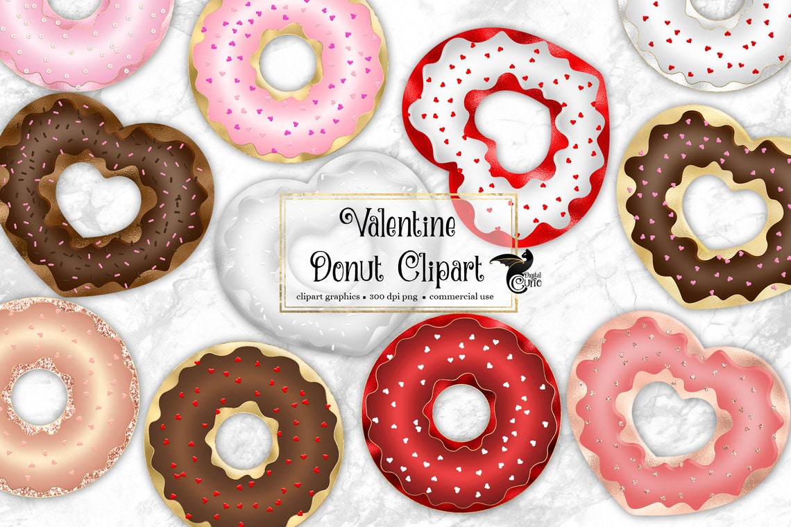 Valentine Doughnut Clipart With Hearts and Glitter Sprinkles | Etsy