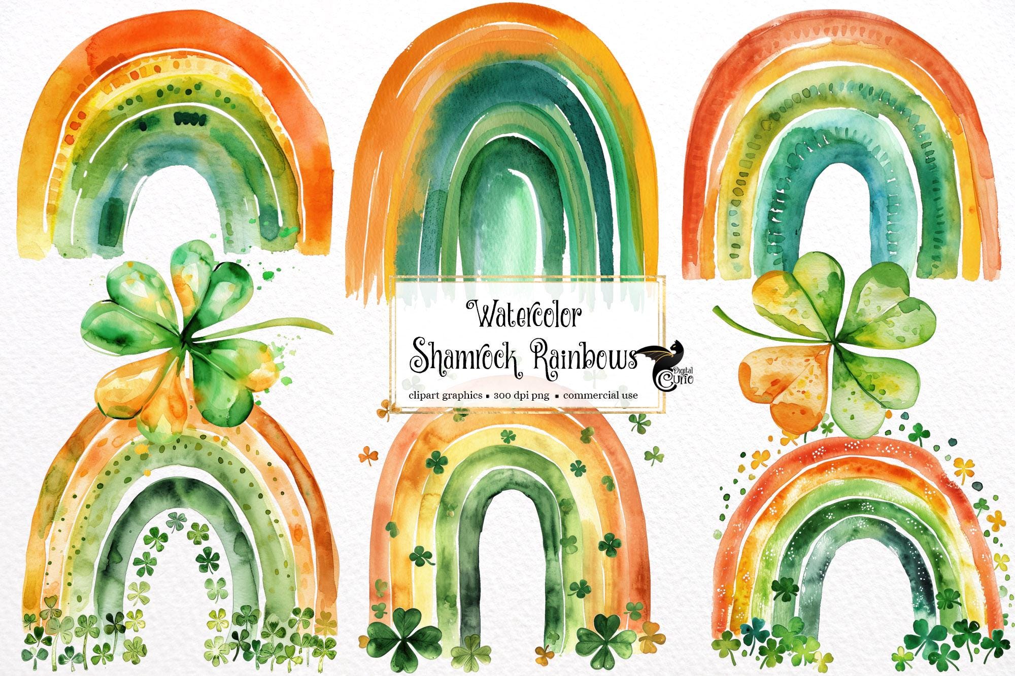 Watercolor Shamrock Rainbow Clipart, St Patrick's Day Graphics (digital ...