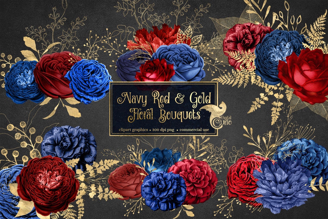 Navy Red and Gold Floral Bouquets Clipart, Red and Gold With Navy Blue ...