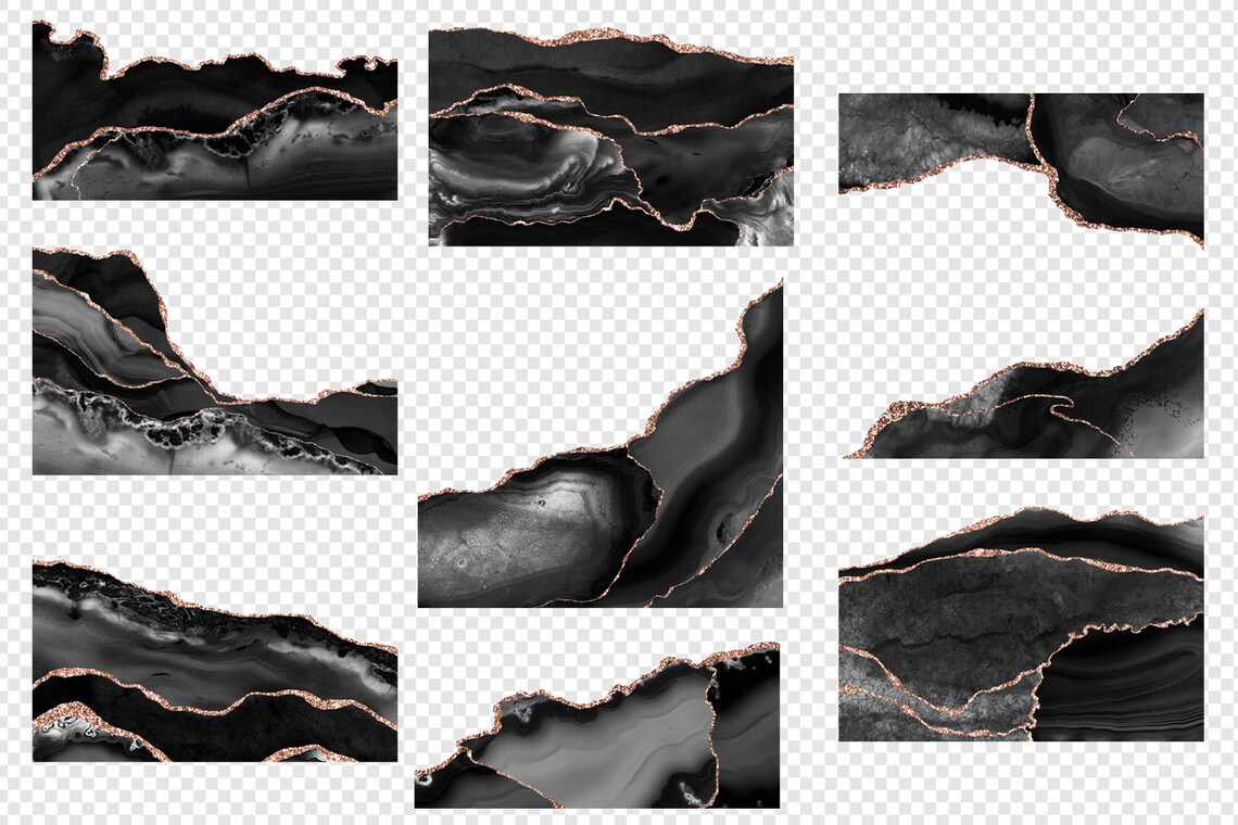 Black and Rose Gold Agate Borders, Watercolor PNG Overlays (digital ...