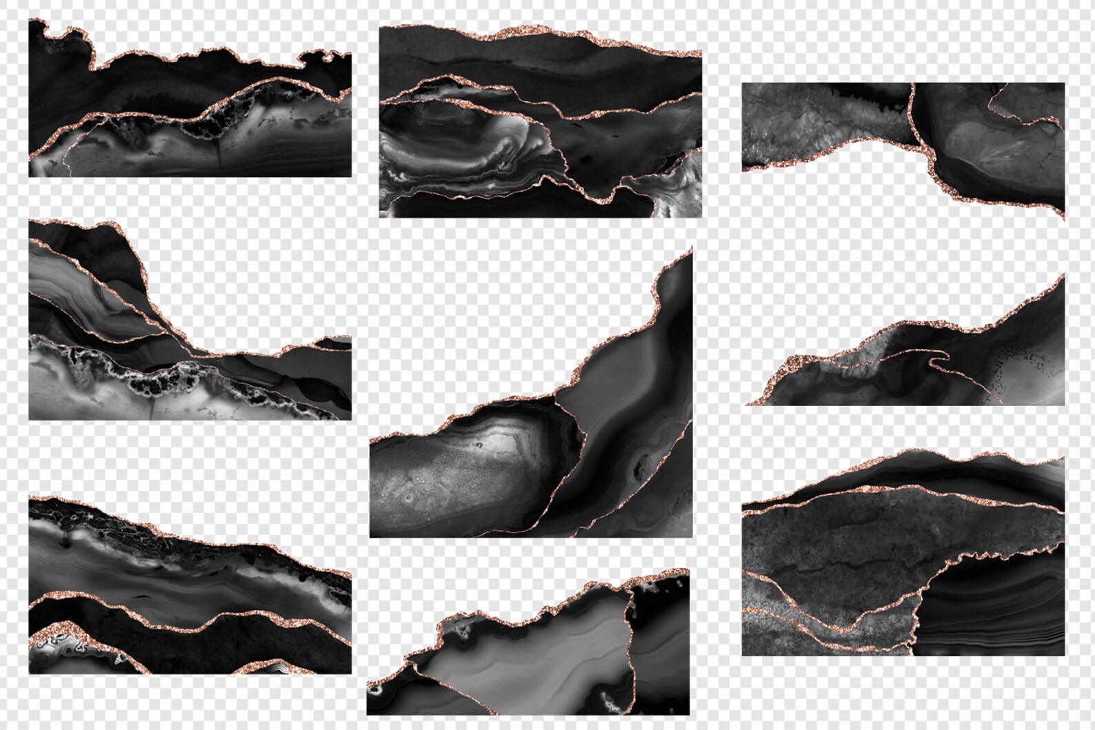 Black and Rose Gold Agate Borders, Watercolor PNG Overlays (digital ...