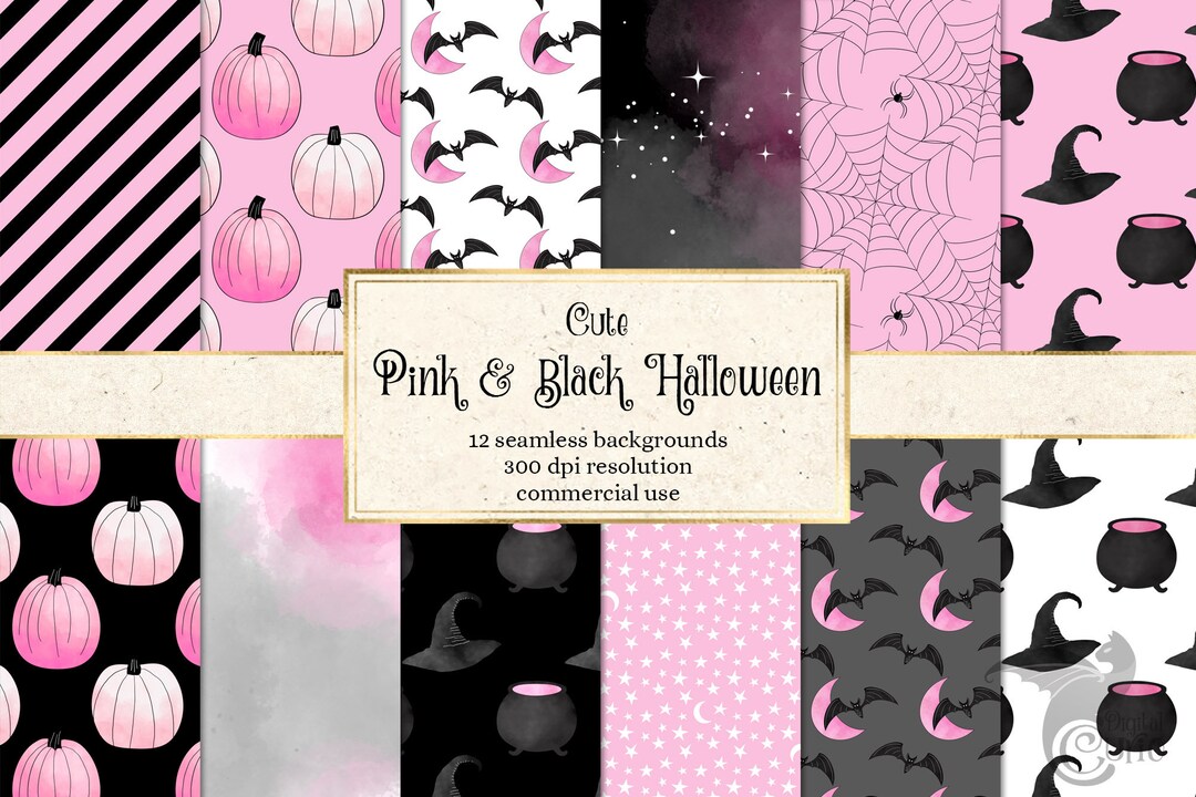 Cute Pink and Black Halloween Digital Paper, Seamless Witch and Bat ...