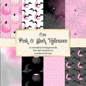 Cute Pink and Black Halloween Digital Paper, Seamless Witch and Bat ...