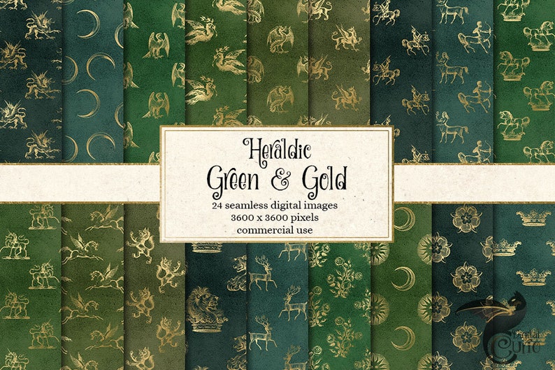 Heraldic Green and Gold Digital Paper Seamless Patterns - Etsy