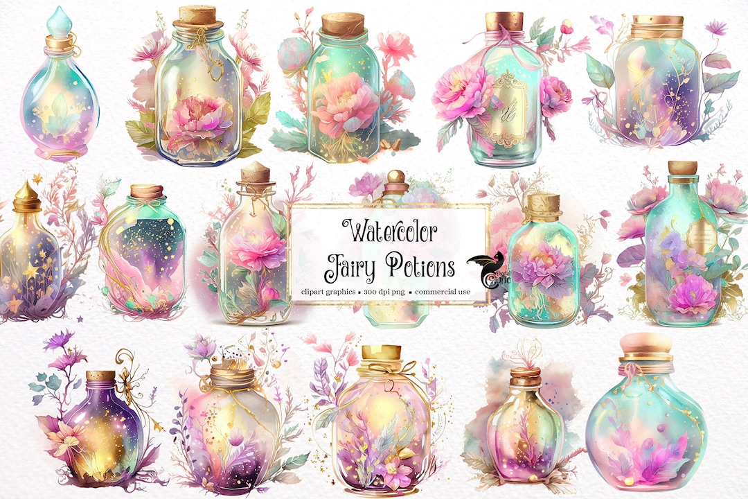 Watercolor Fairy Potions Clipart – Rainbow Magic Bottles (PNG, Digital ...