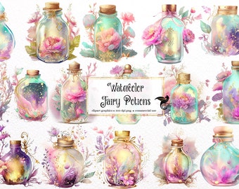 Watercolor Fairy Potions Clipart Pastel Watercolor Fantasy Rainbow ...