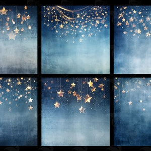 Blue Grunge Stars Digital Paper, Golden Starry Night Digital Papers ...