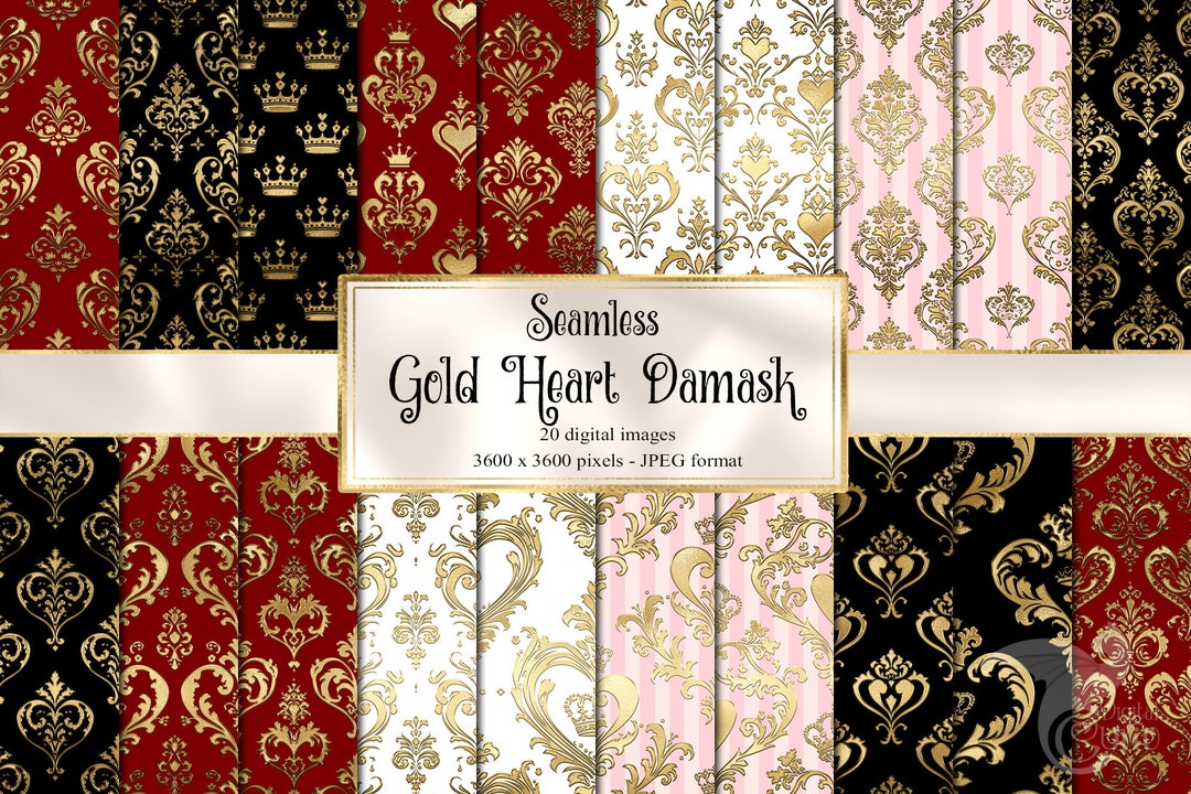 Gold Heart Damask Digital Paper - Seamless Printable Digital ...