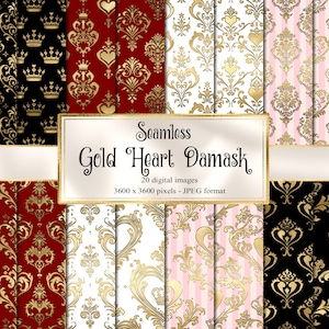 Gold Heart Damask Digital Paper - Seamless Printable Digital ...