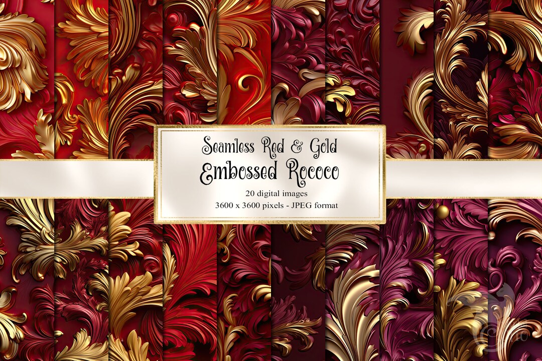 Red and Gold Rococo Embossed Digital Paper, Seamless Textures (digital ...
