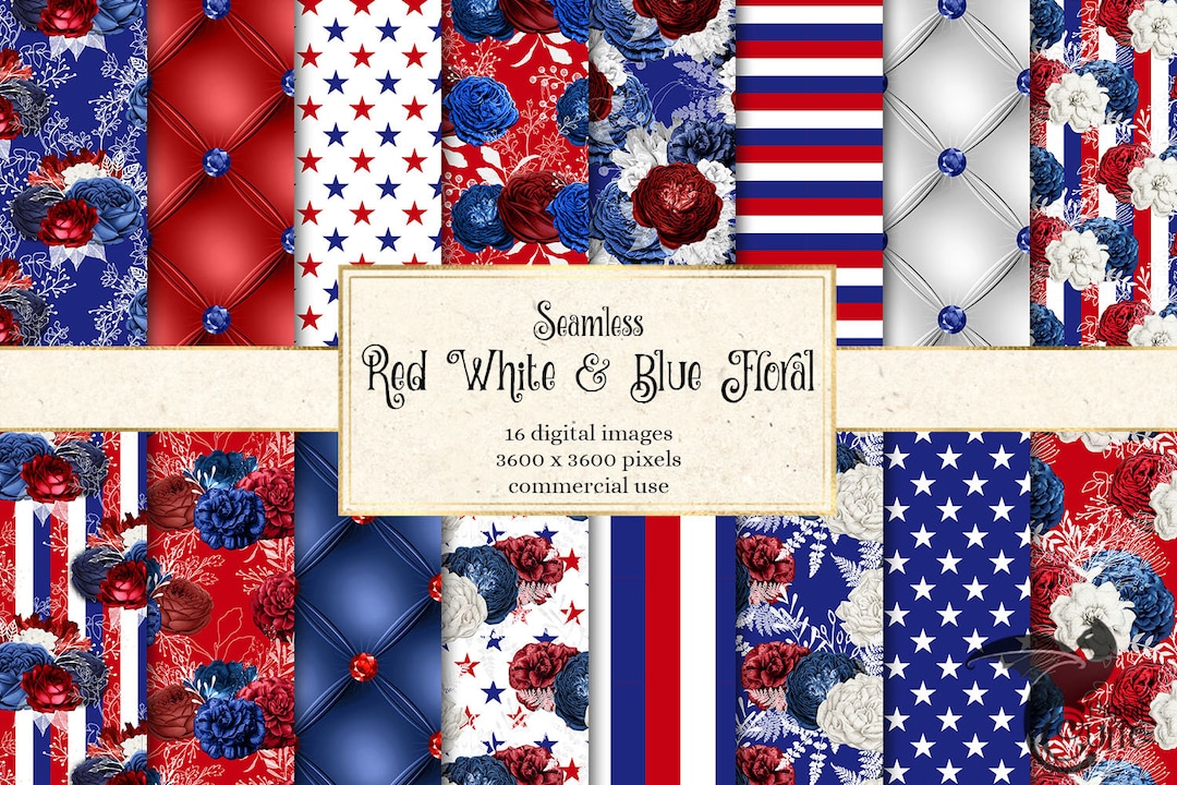Red White and Blue Floral Digital Paper, Seamless Patriotic Flower ...