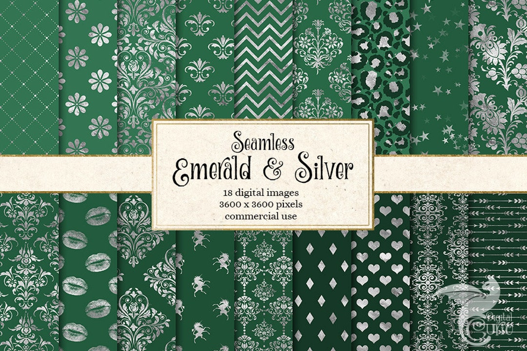 Emerald and Silver Digital Paper, Green Seamless Silver Foil Patterns ...