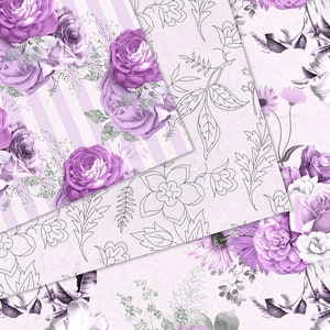Purple Floral Digital Paper, Seamless Flower Bouquet Backgrounds ...
