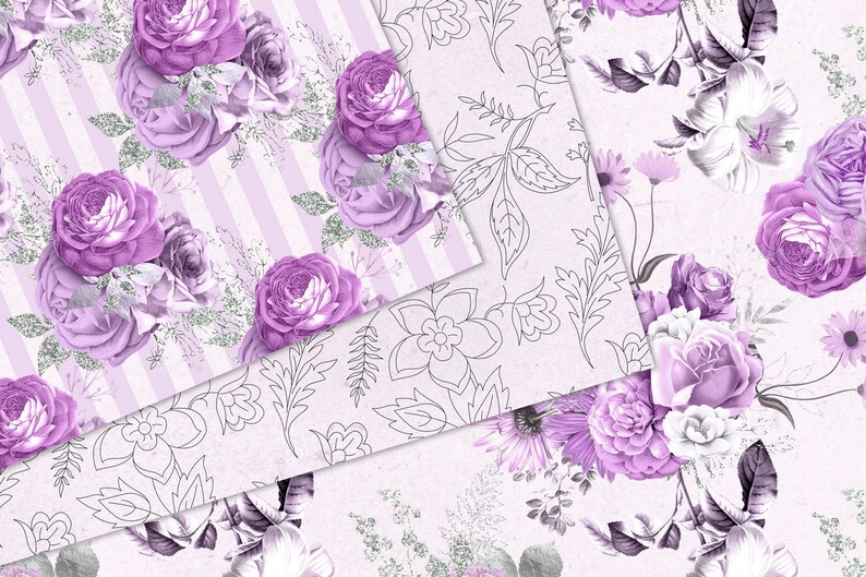 Purple Floral Digital Paper, Seamless Flower Bouquet Backgrounds ...