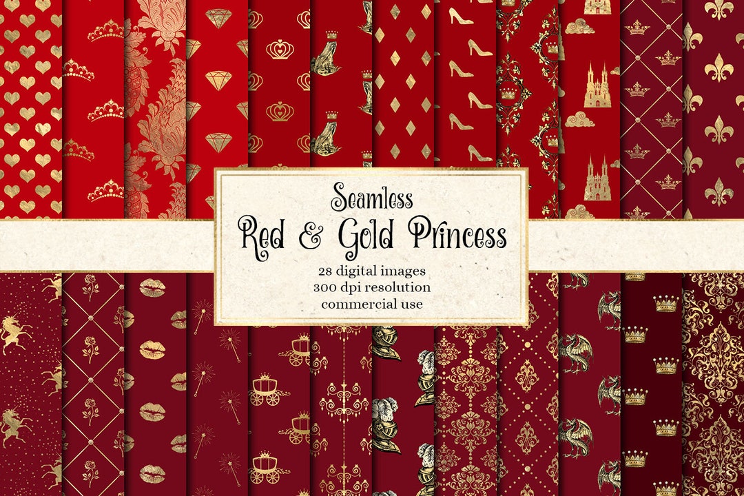 Red and Gold Princess Digital Paper, Seamless Princess Patterns and ...
