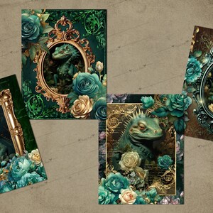 Romantic Emerald Lizards Journal Paper, Notebook Digital Paper Rococo ...