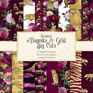 Magenta and Gold Big Cats Digital Paper, Seamless Leopard Spots and ...