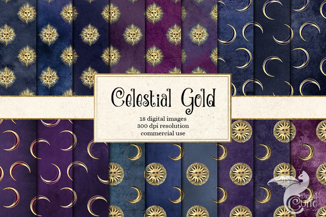 Celestial Gold Digital Paper, Sun and Moon Patterns (digital Download ...
