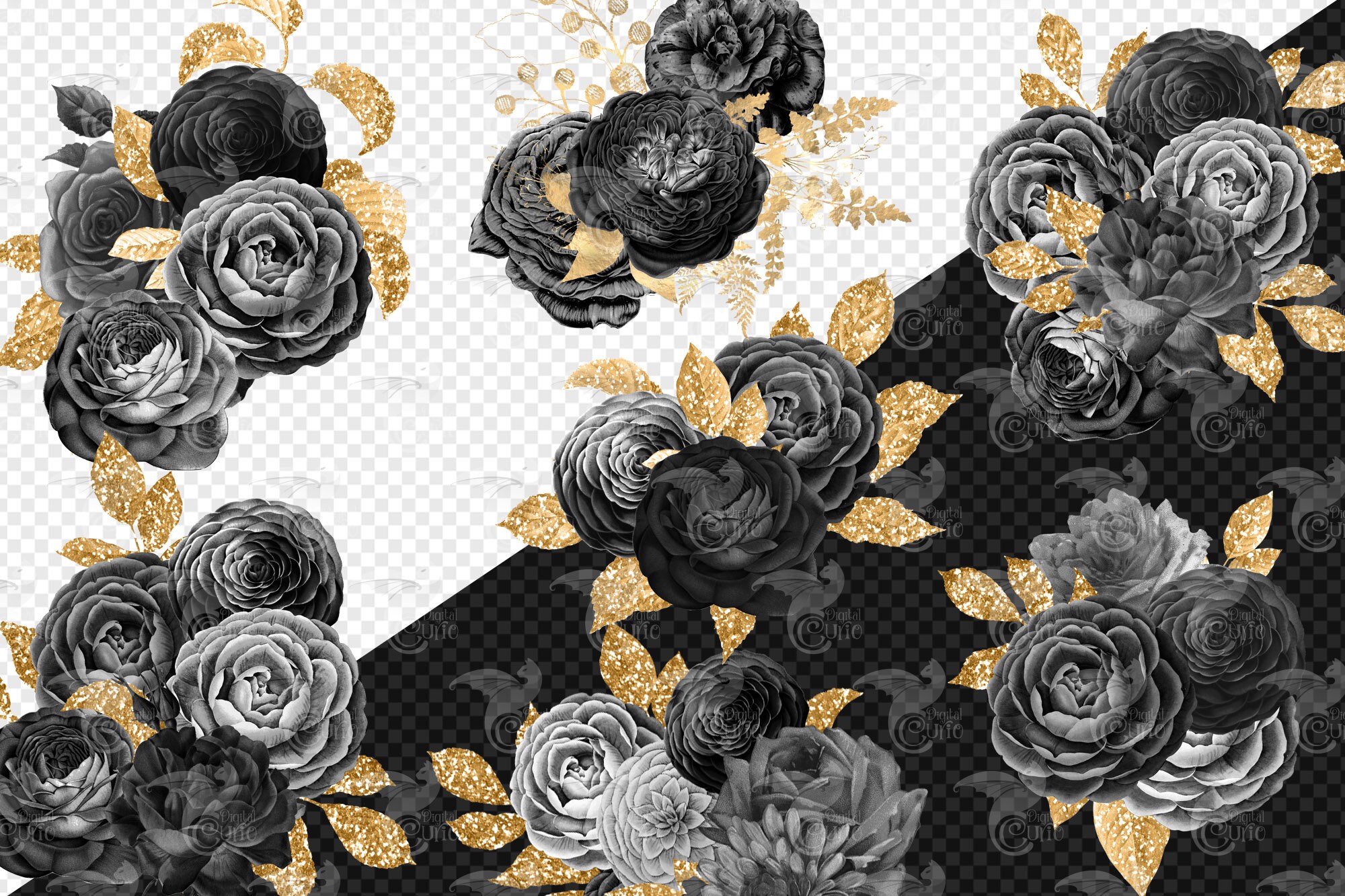 Black and Gold Floral Bouquets Clipart Digital Instant - Etsy