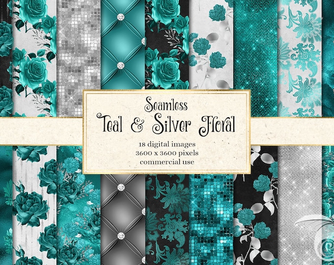 Printable Teal and Silver Floral Digital Papers, Turquoise Rose Page ...