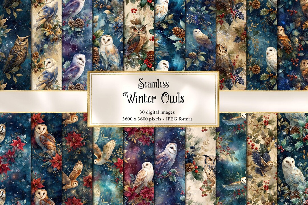 Winter Owls Digital Paper, Celestial Christmas Scrapbook Pages (digital ...