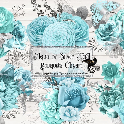 Teal and Silver Floral Clip Art Rustic Silver Glitter - Etsy