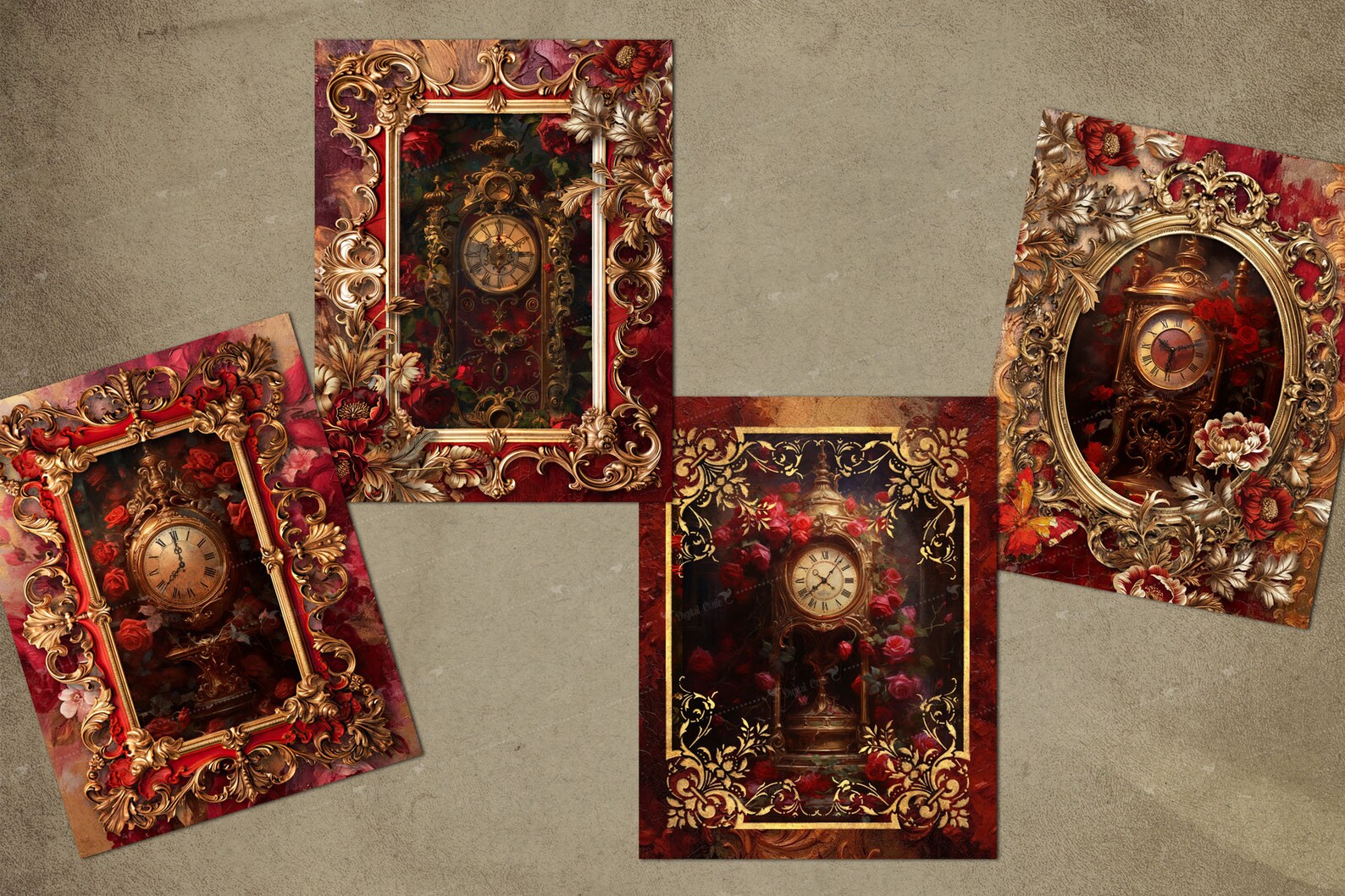 Red Clocks Journal Paper, Rococo Printable Paper (digital Download) - Etsy