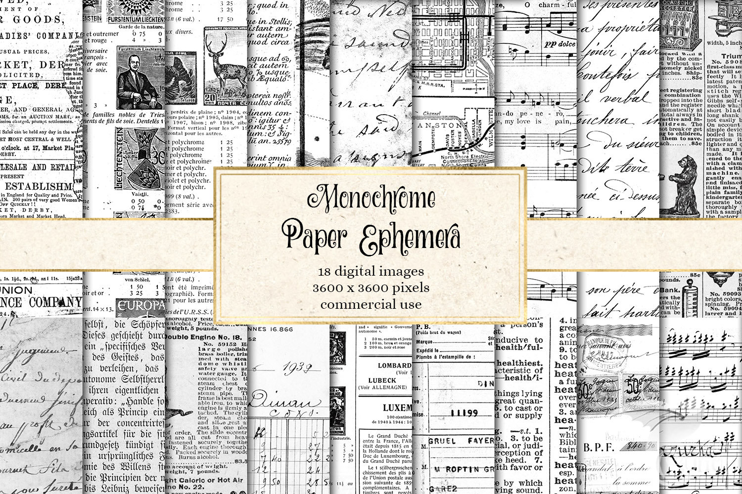 Paper Ephemera Monochrome Digital Paper Vintage Textures With - Etsy